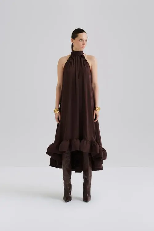 MALINA Sabrina Halterneck Ruffled Midi Dress - Chocolate