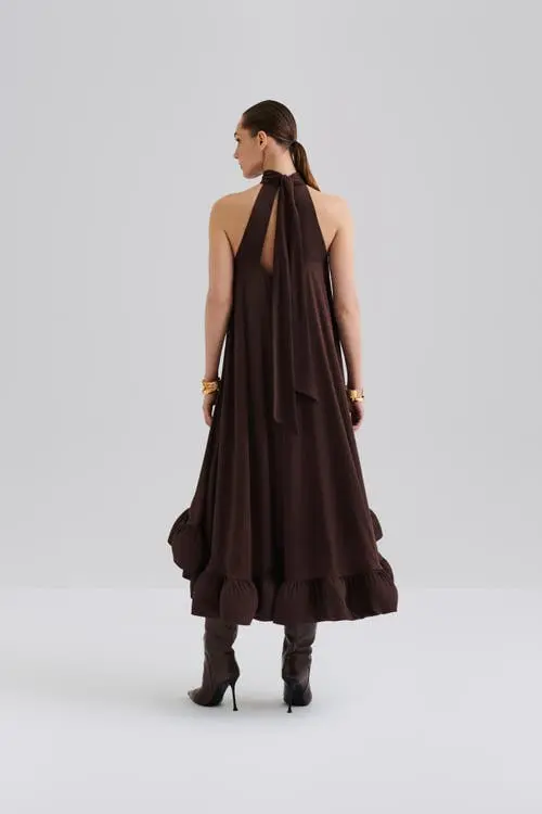 MALINA Sabrina Halterneck Ruffled Midi Dress - Chocolate