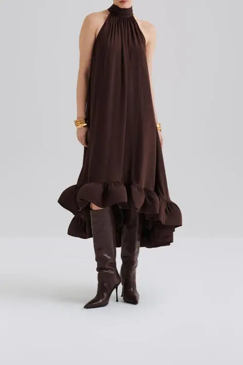 MALINA Sabrina Halterneck Ruffled Midi Dress - Chocolate