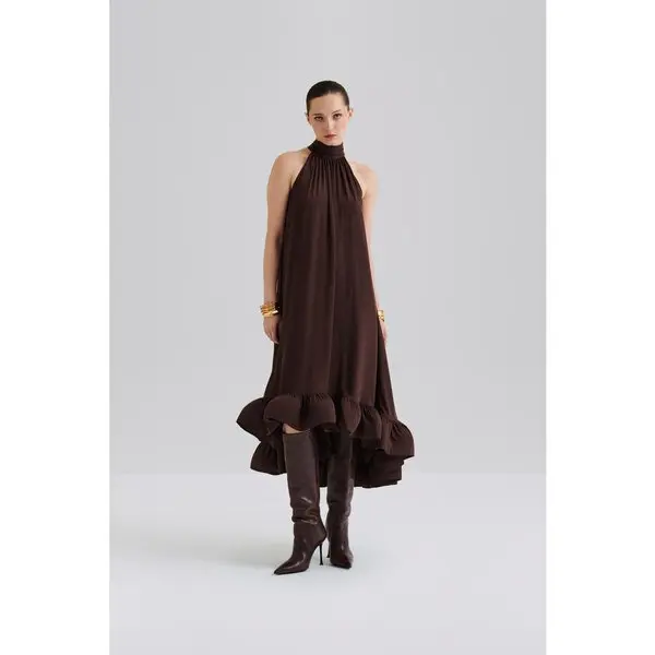 MALINA Sabrina Halterneck Ruffled Midi Dress - Chocolate