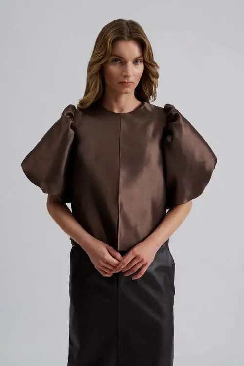 MALINA Cleo Pouf Balloon Sleeve Blouse - Chocolate