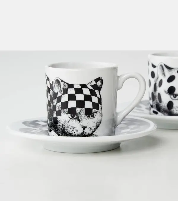 FORNASETTI High Fidelity Set Of 2 Porcelain Cups And Saucers - Black