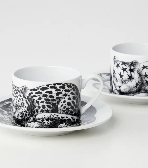 FORNASETTI High Fidelity Set Of 6 Porcelain Teacup And Saucer Set - Black