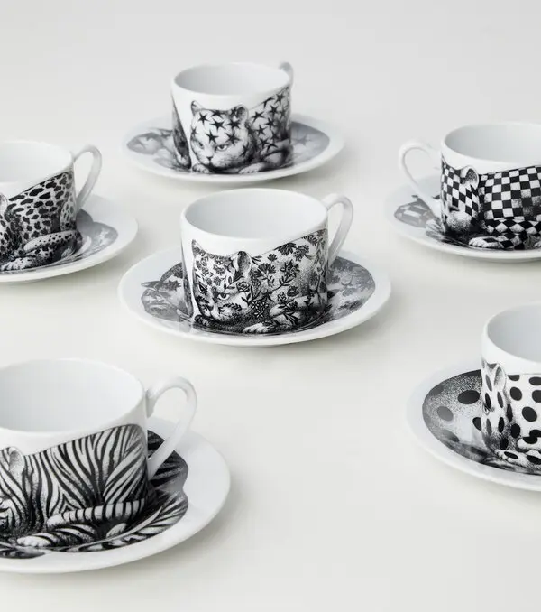 FORNASETTI High Fidelity Set Of 6 Porcelain Teacup And Saucer Set - Black