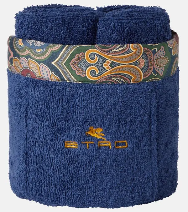 Etro Giano Set Of 4 Cotton Face Towels And Basket - Blue