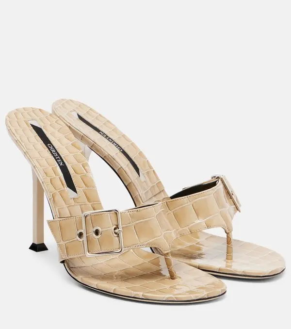 CHRISTEN Helix 95 Croc-effect Patent Leather Mules - Beige