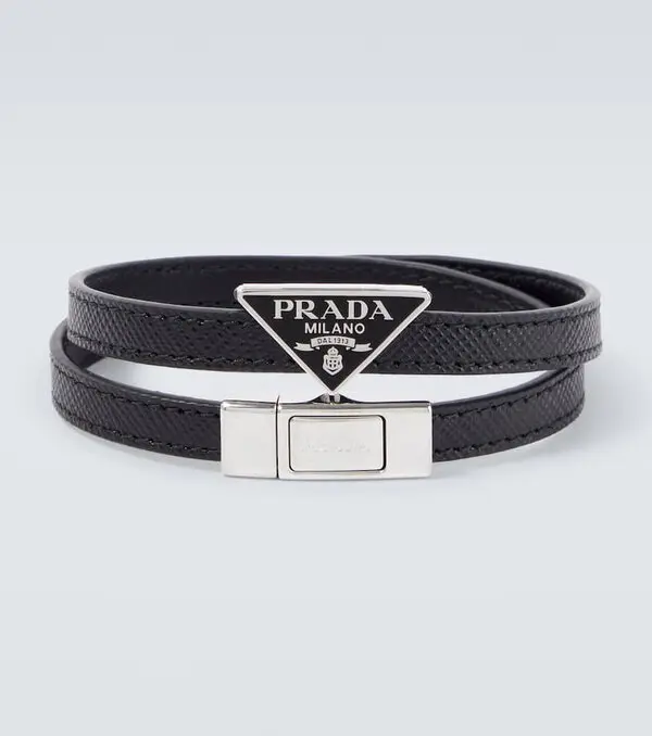 Prada Saffiano Leather Logo Bracelet - Black