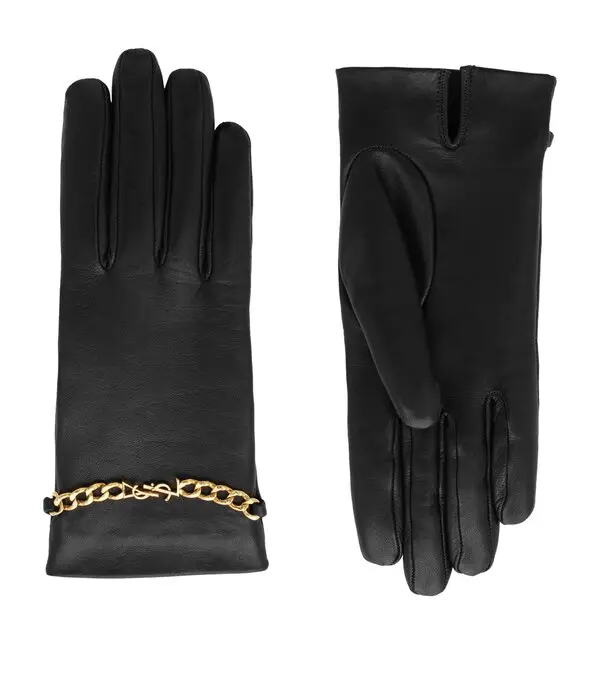 Saint Laurent Leather Gloves With Cashmere Lining And Chain Detail - Black