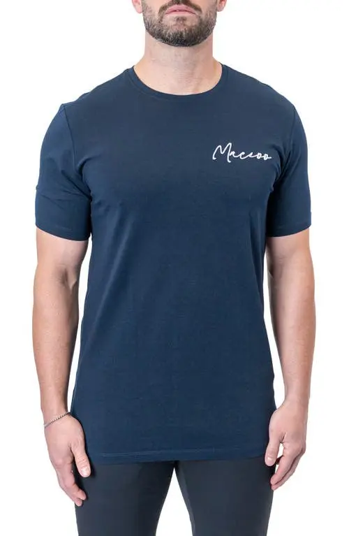MACEOO Siganture Nay Logo Embroidered Stretch Cotton T-shirt - Blue