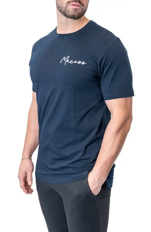 MACEOO Siganture Nay Logo Embroidered Stretch Cotton T-shirt - Blue