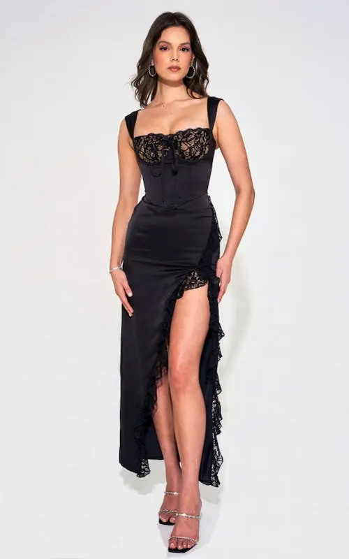 MISS CIRCLE NEW YORK Satin Maxi Dress With Corset And Lace Detail - Black