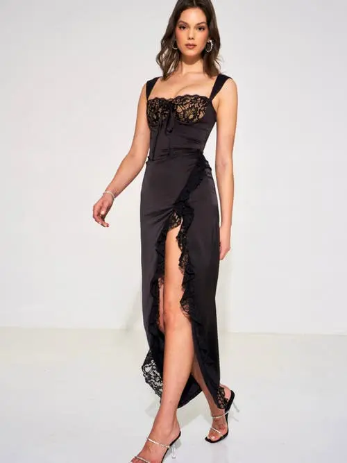 MISS CIRCLE NEW YORK Satin Maxi Dress With Corset And Lace Detail