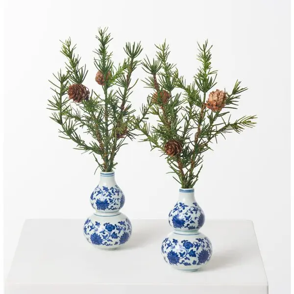 DARBY CREEK TRADING Classic Winter Pine & Faux Pinecone Mini Arrangement In Blue & White Chinoiserie Vase - Green