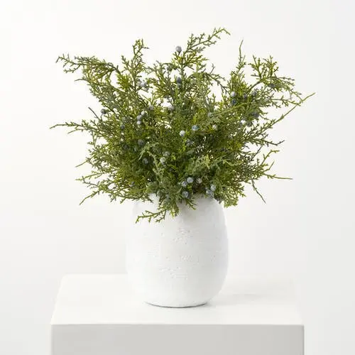 DARBY CREEK TRADING Lifelike Juniper Berry Small Faux Topiary Bush In Textured Concrete Pot Winter Holiday Arrangement - Green