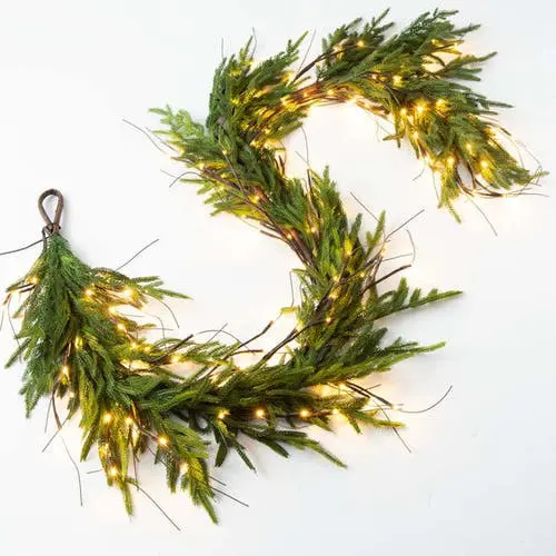 DARBY CREEK TRADING Twig Light & Real Touch Norfolk Pine Pre-lit Winter Christmas Mantle Garland Table Runner - Green