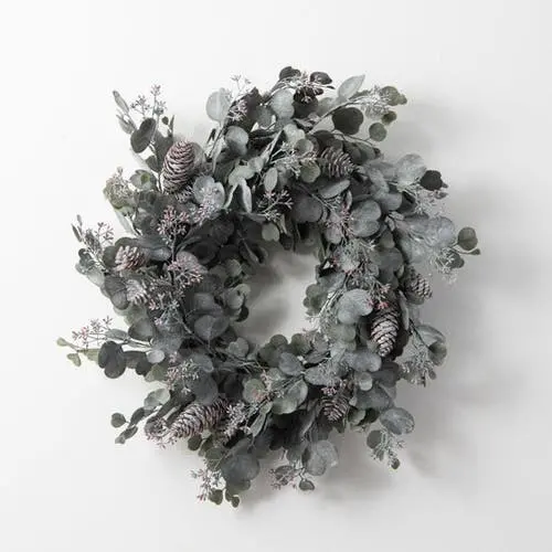 DARBY CREEK TRADING Candlelit Eveningsfaux Dusty Silver Dollar Eucalyptus & Pinecone Christmas Front Door Winter Wreath - Green