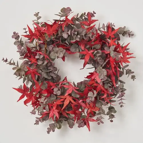 DARBY CREEK TRADING Autumn Evenings Japanese Maple Leaf & Dusty Plum Botanical Eucalyptus Fall Front Door Wreath - Red
