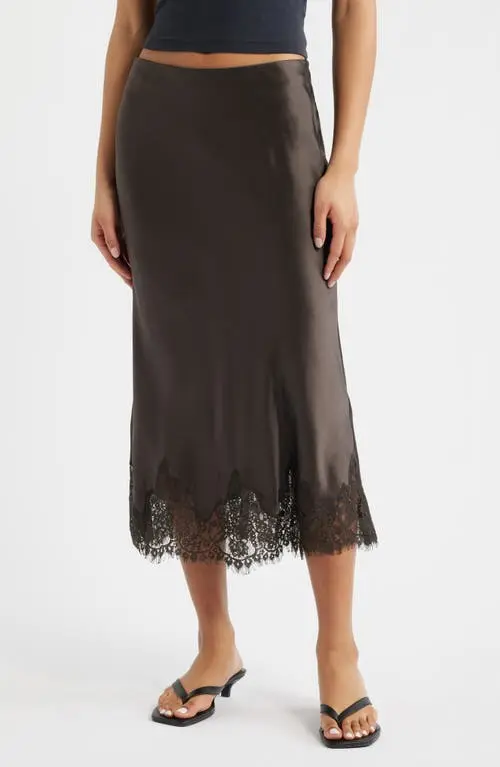 REFORMATION Carolina Lace Trim Silk Midi Skirt - Black Pearl
