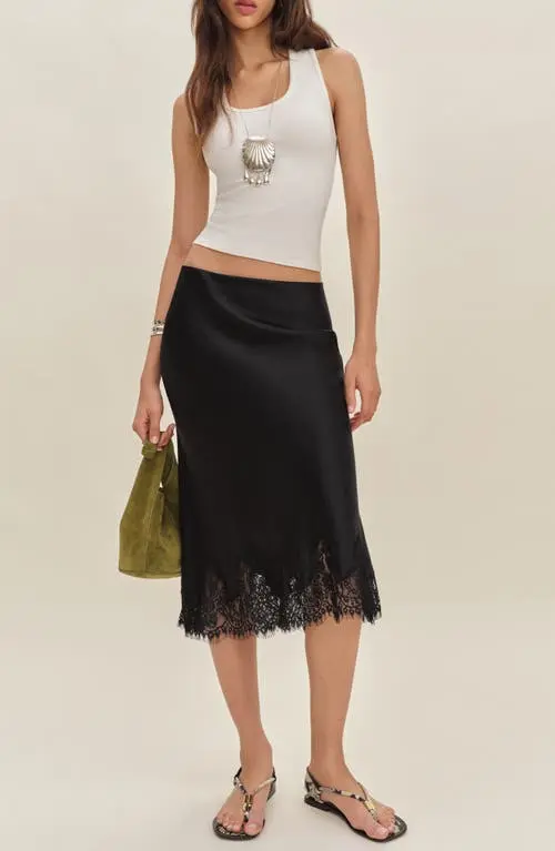 REFORMATION Carolina Lace Trim Silk Midi Skirt - Black
