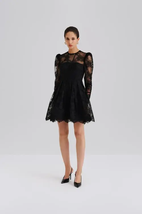 MALINA Lace Long Sleeve Mini Dress - Black