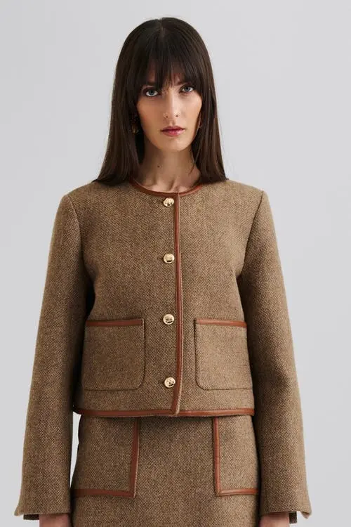MALINA Ninette Dressed Wool Jacket With Leather Trim - Taupe