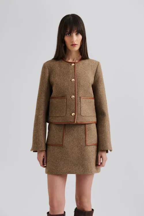 MALINA Ninette Dressed Wool Jacket With Leather Trim - Taupe