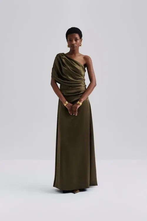 MALINA Cassia Draped Fitted Maxi Dress - Olive