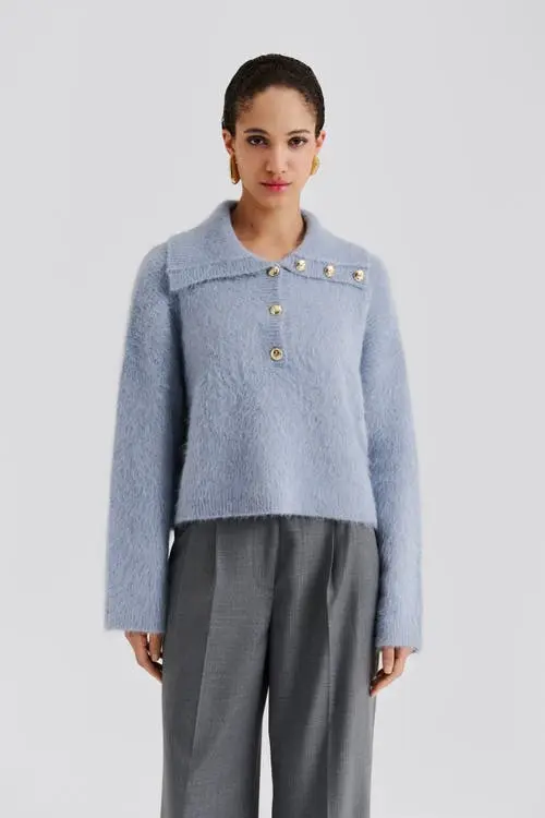 MALINA Yselle Long Sleeve Collared Sweater - Blue
