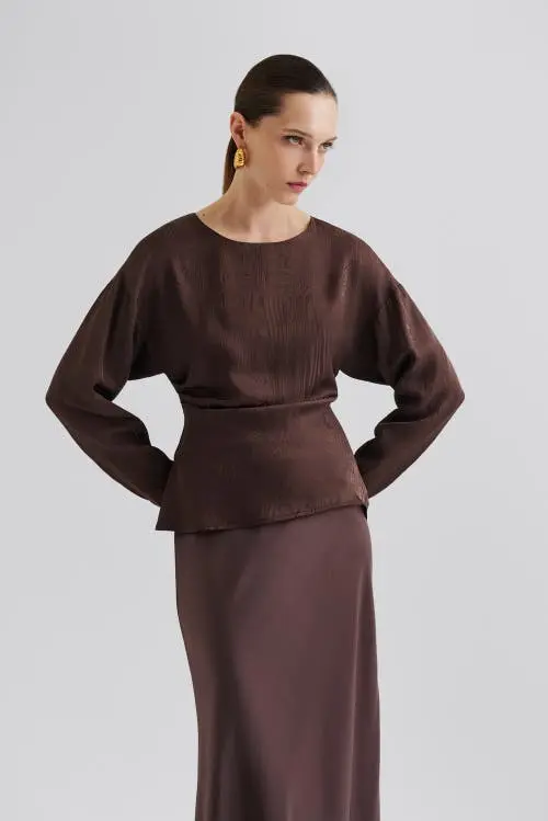 MALINA Rosalie Jacquard Weave Satin Blouse - Chocolate