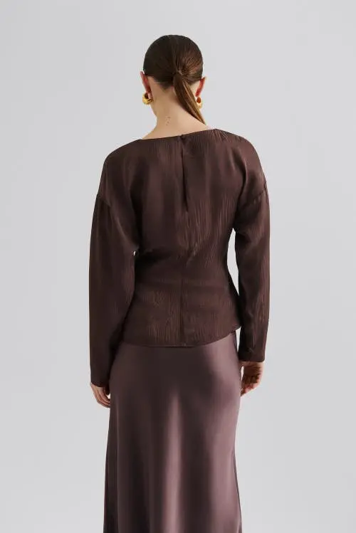 MALINA Rosalie Jacquard Weave Satin Blouse - Chocolate