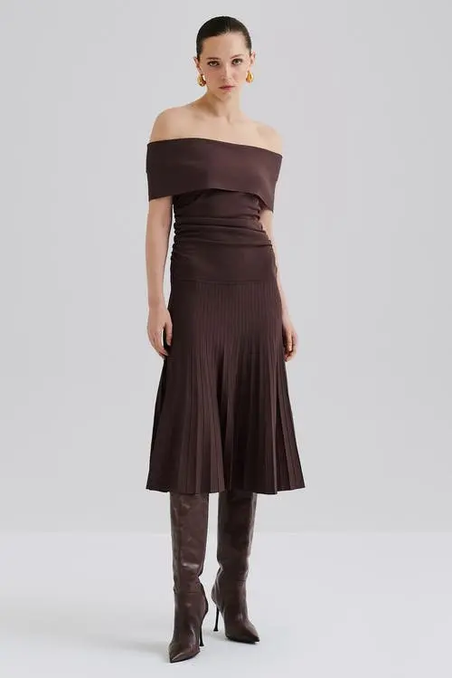 MALINA Althena Off-shoulder Knitted Midi Dress