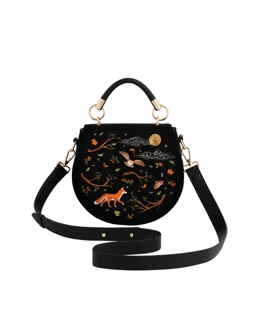 FABLE ENGLAND Fox And Owl Embroidered Saddle Bag - Black