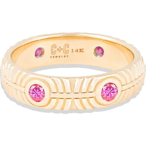 CAMPBELL + CHARLOTTE Revel Ribbed Stacking Band - Pink Sapphire- Gold