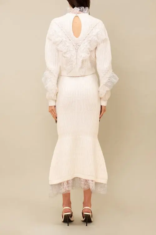 CONTESSA MILLS Wool Knit Lace-trimmed Skirt
