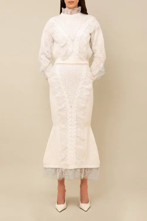 CONTESSA MILLS Wool Knit Lace-trimmed Skirt - White