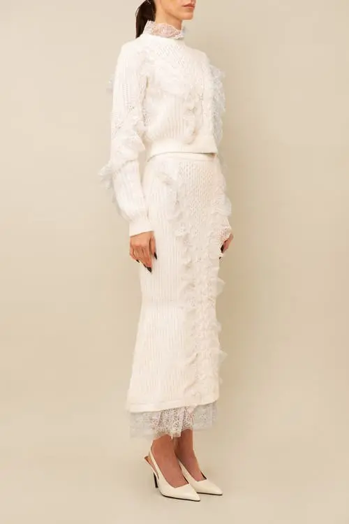 CONTESSA MILLS Wool Knit Lace-trimmed Skirt