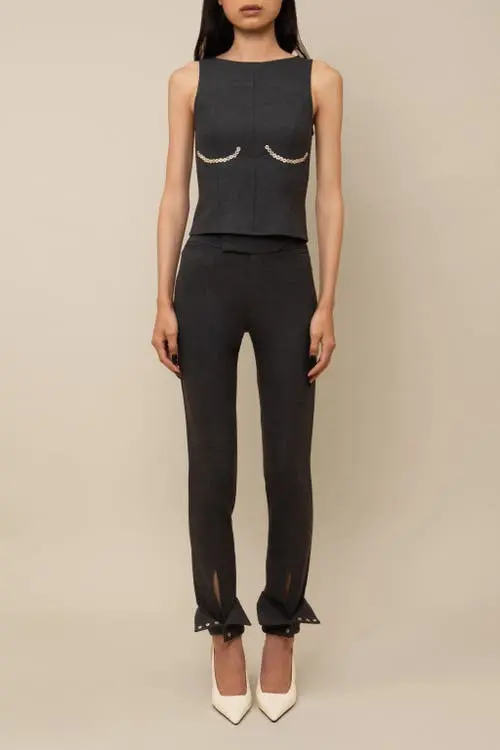CONTESSA MILLS Textured Twill Boatneck Top With Shell Buttons