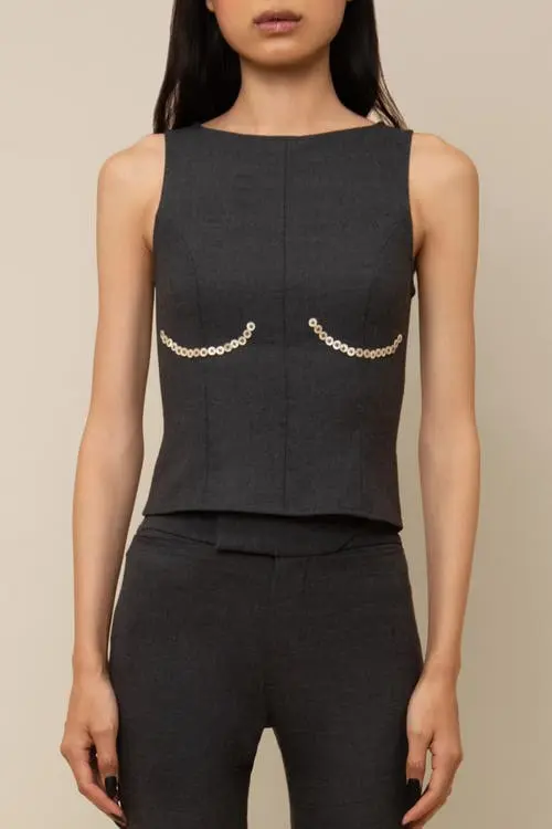 CONTESSA MILLS Textured Twill Boatneck Top With Shell Buttons