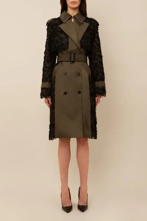 CONTESSA MILLS Lace-trimmed Cinched Trench Coat