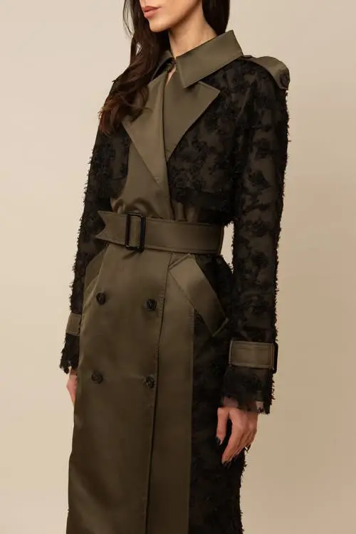 CONTESSA MILLS Lace-trimmed Cinched Trench Coat