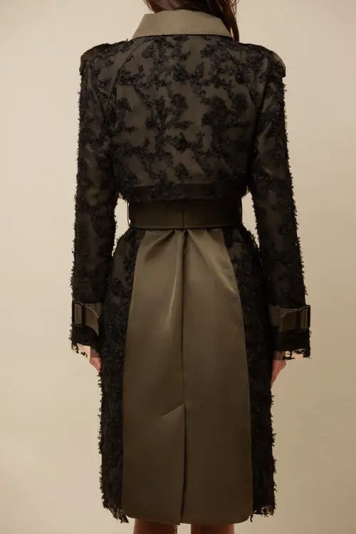 CONTESSA MILLS Lace-trimmed Cinched Trench Coat