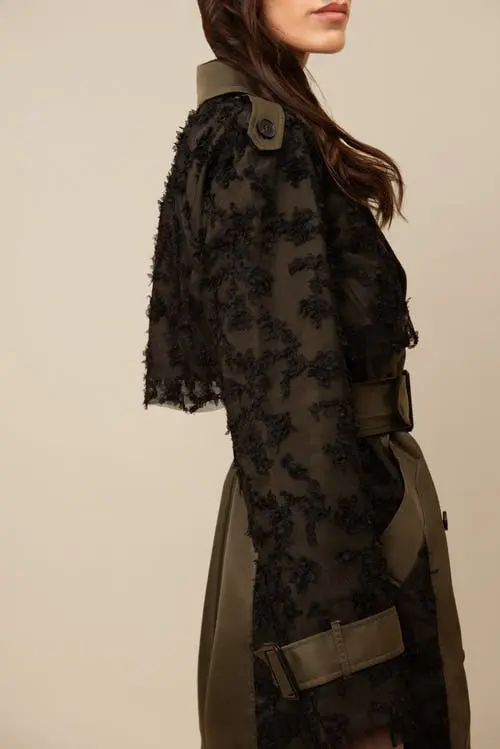 CONTESSA MILLS Lace-trimmed Cinched Trench Coat