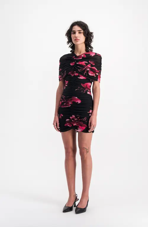 SAEMDI Floral Mini Mesh Dress