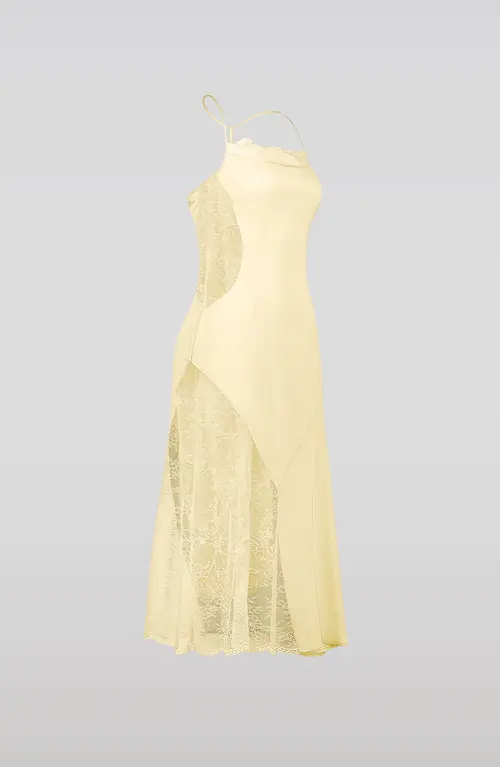 SAEMDI Lace Trim Midi Dress - Pastel Yellow