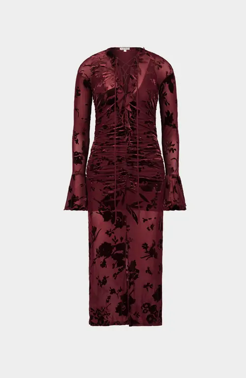 SAEMDI Flocked Mesh Dress - Burgundy