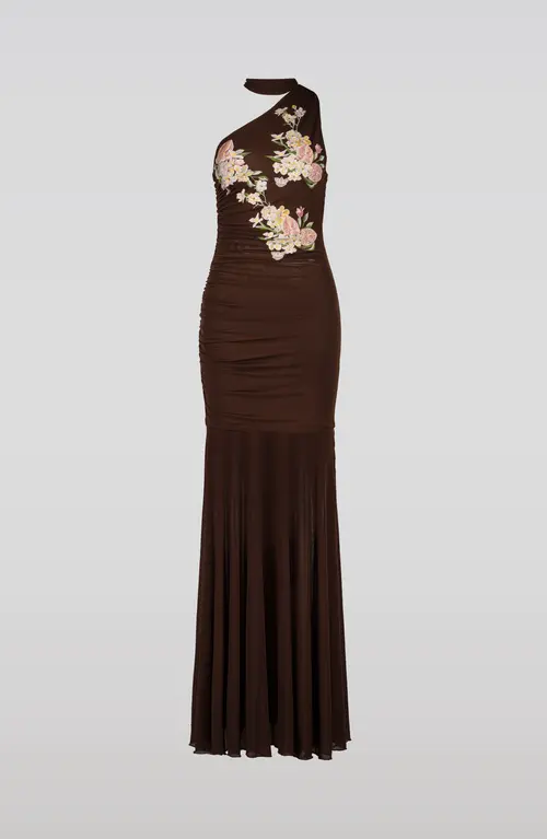 SAEMDI Embroidered One-shoulder Mesh Maxi Dress