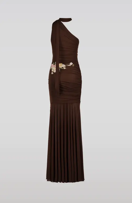 SAEMDI Embroidered One-shoulder Mesh Maxi Dress