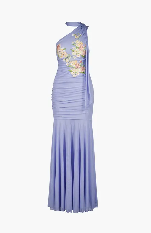 SAEMDI Embroidered One-shoulder Mesh Maxi Dress - Periwinkle
