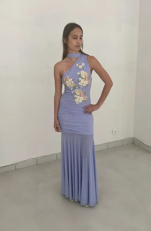 SAEMDI Embroidered One-shoulder Mesh Maxi Dress - Periwinkle