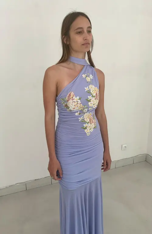 SAEMDI Embroidered One-shoulder Mesh Maxi Dress - Periwinkle